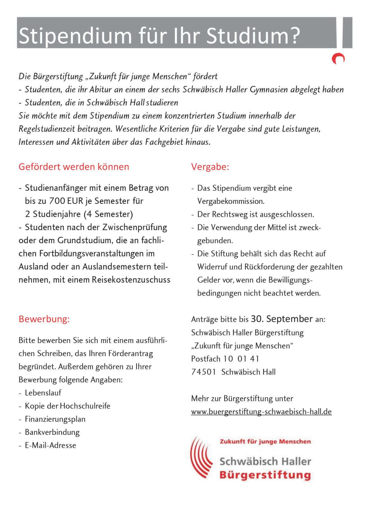 Stipendium für Ihr Studium? – Bürgerstiftung Schwäbisch Hall